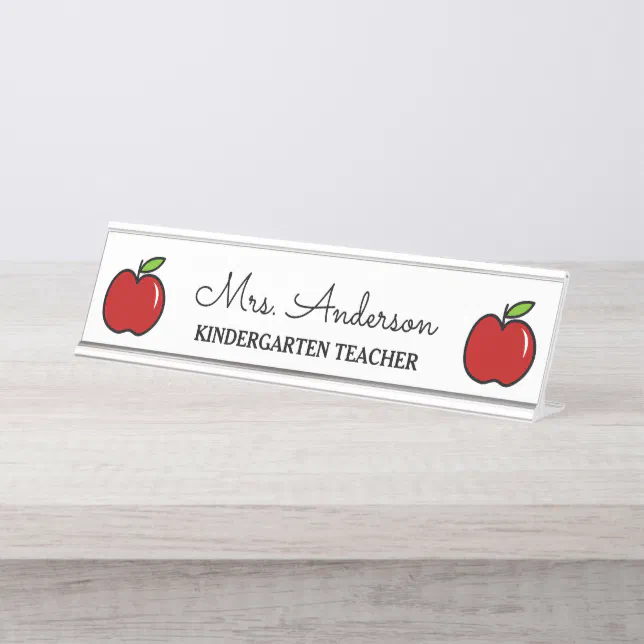 Custom kindergarten school teacher red apple logo desk name plate | Zazzle