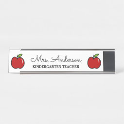 Custom kindergarten school teacher red apple logo desk name plate | Zazzle