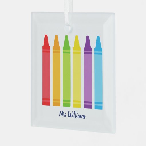 Custom Kindergarten Teacher Cute Crayon Christmas Glass Ornament | Zazzle