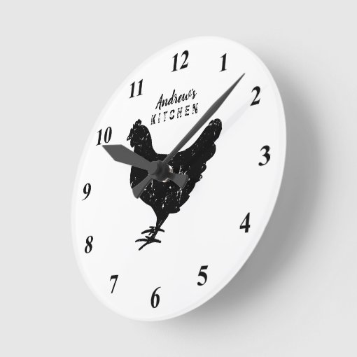 Custom kitchen wall clock with rustic chicken logo | Zazzle