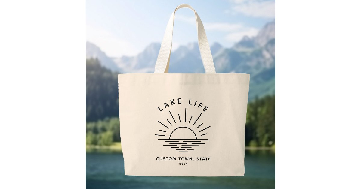 Custom Lake Life Sunset Minimalist Modern Boho Large Tote Bag | Zazzle