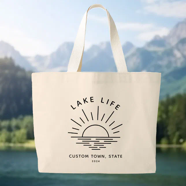 Custom Lake Life Sunset Minimalist Modern Boho Large Tote Bag | Zazzle
