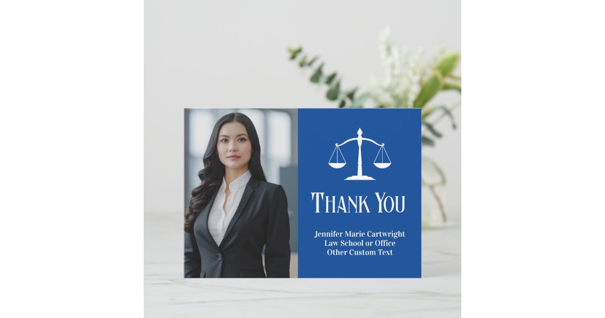 Custom Law Office Blue White Lawyer Photo Thank You Card | Zazzle