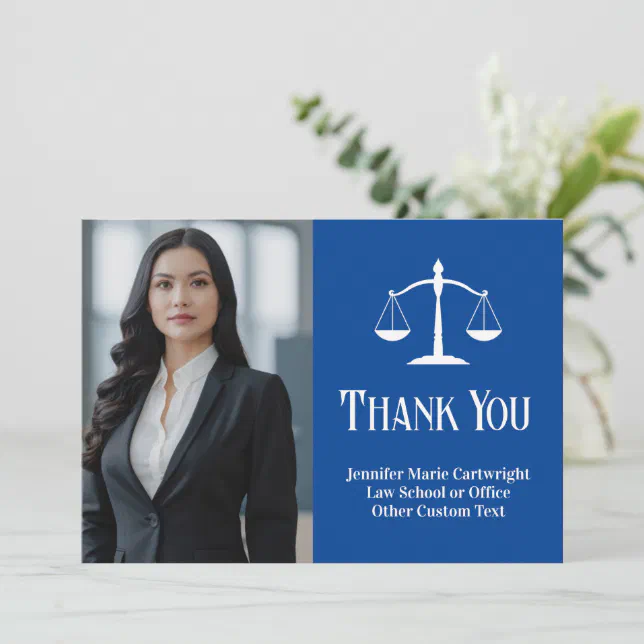 Custom Law Office Blue White Lawyer Photo Thank You Card | Zazzle