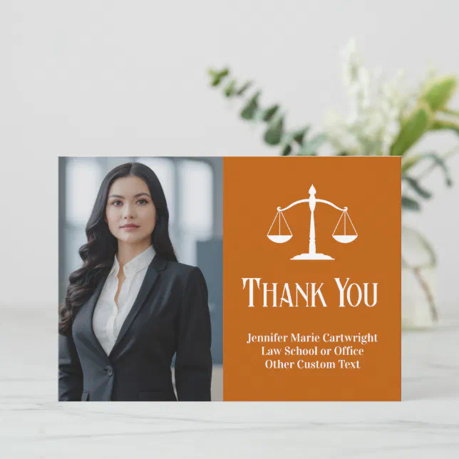 Custom Law Office Orange White Lawyer Photo Thank You Card | Zazzle