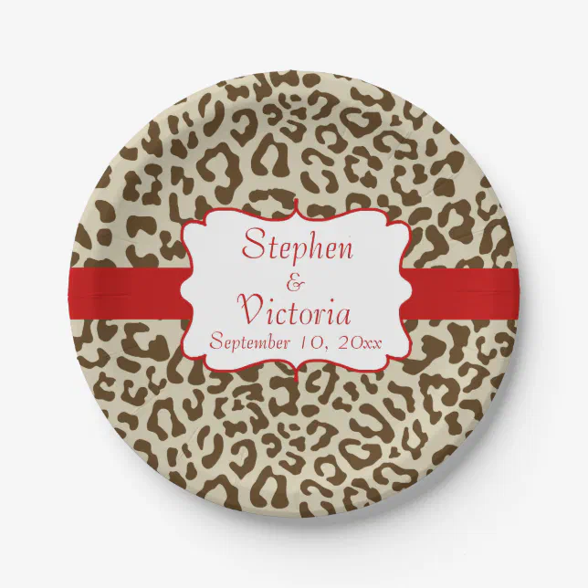 Custom Leopard Print Tan and Red Paper Plates | Zazzle