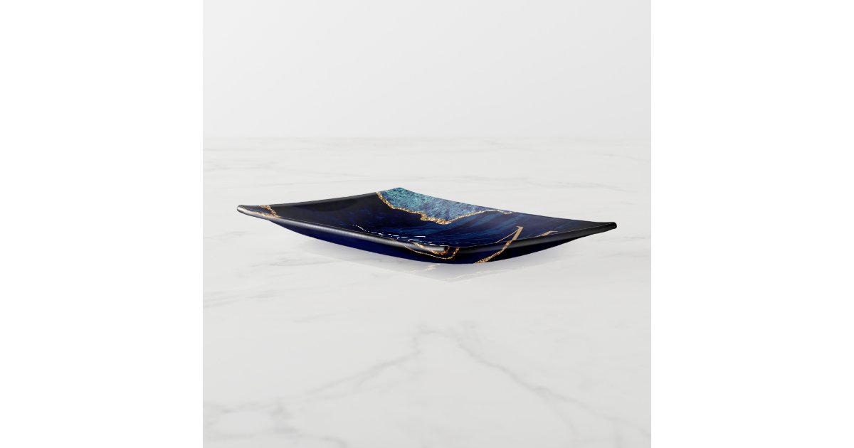 Custom Letter Name Trinket Tray Blue Gold Marble | Zazzle