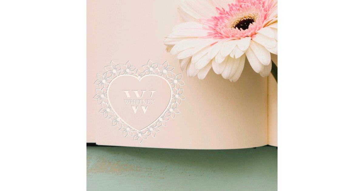 Custom Library Book Monogram above Flowery Heart Embosser | Zazzle