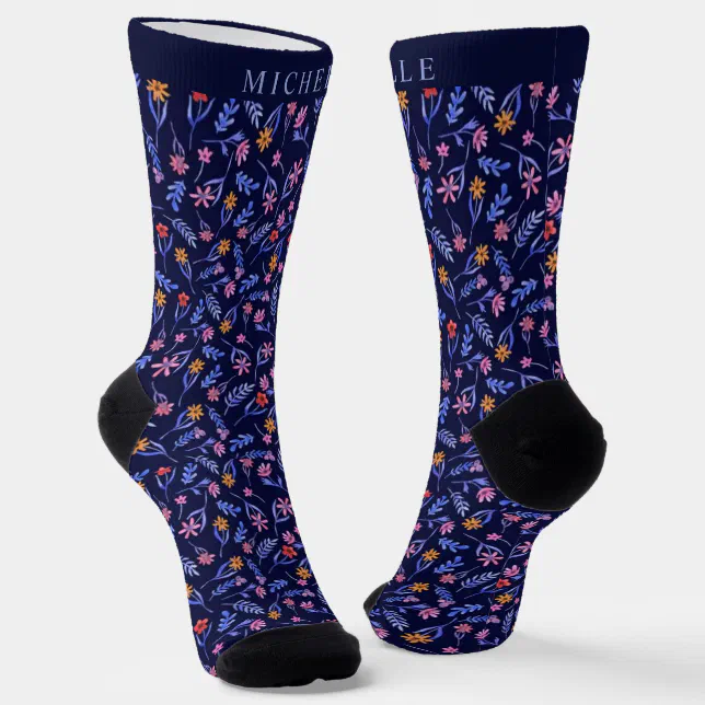 Custom Light Dark Blue Floral Pink Flowers Pattern Socks | Zazzle