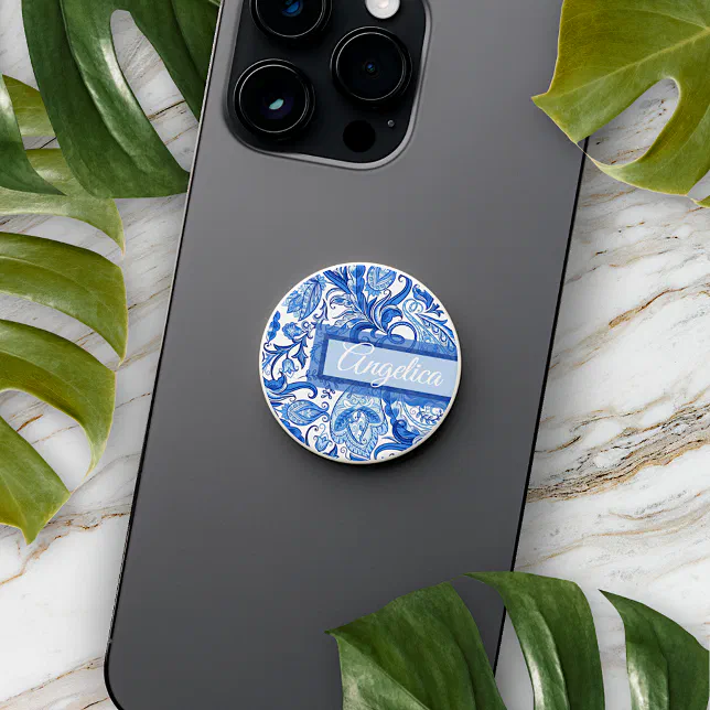 Custom Light Dark Blue White Floral Paisley Art PopSocket | Zazzle