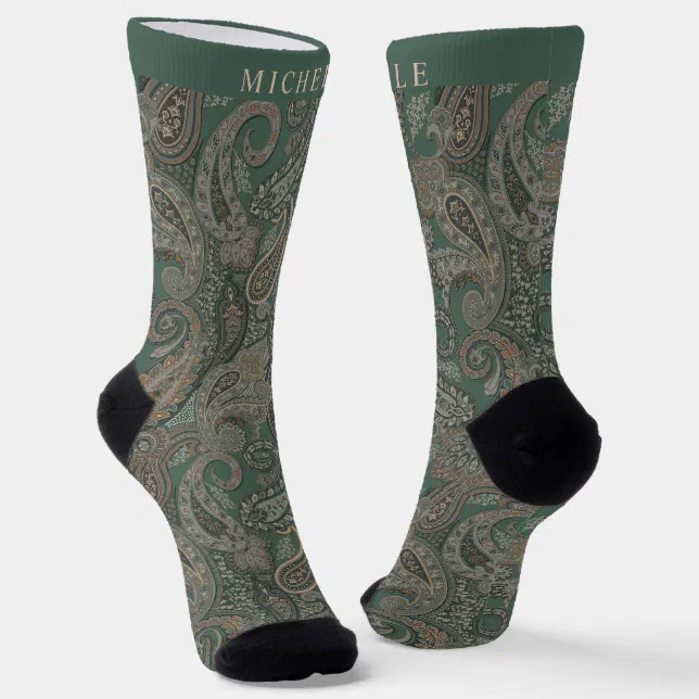 Custom Light Dark Green Grey Paisley Pattern Socks | Zazzle
