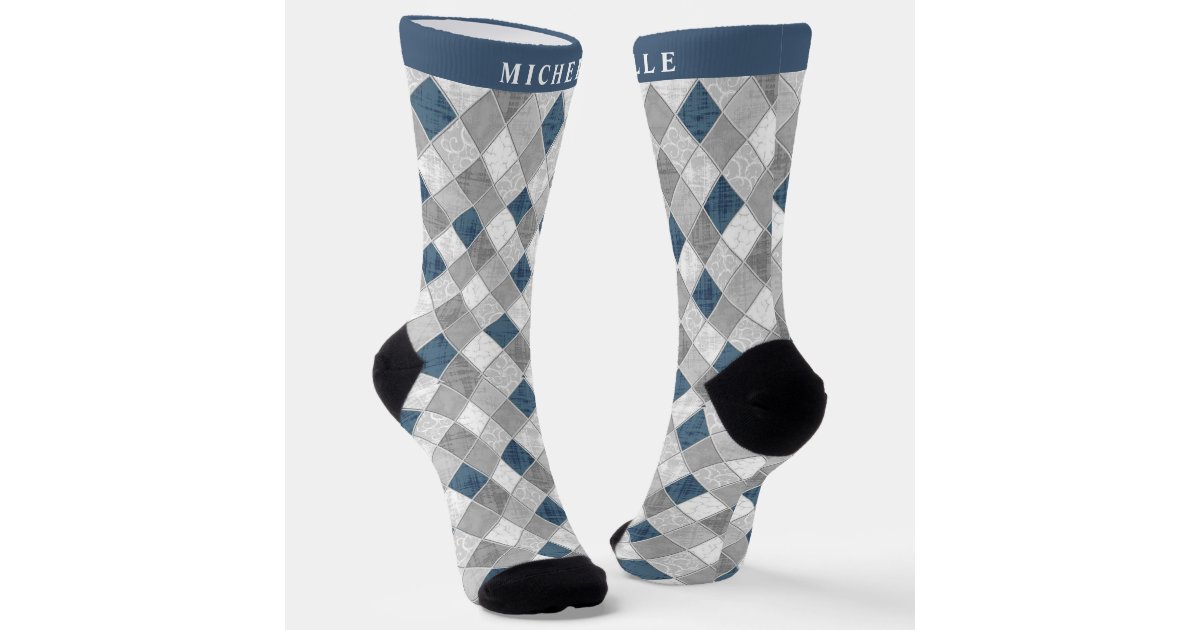Custom Light Dark Grey Blue Marble Argyle Pattern Socks | Zazzle