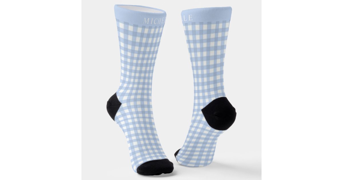 Custom Light Soft Blue White Checkered Pattern Socks | Zazzle