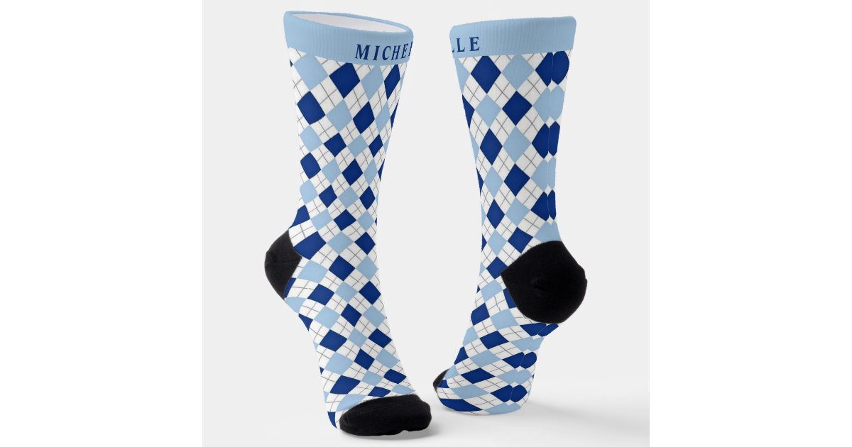 Custom Light White Dark Blue Argyle Pattern Socks | Zazzle