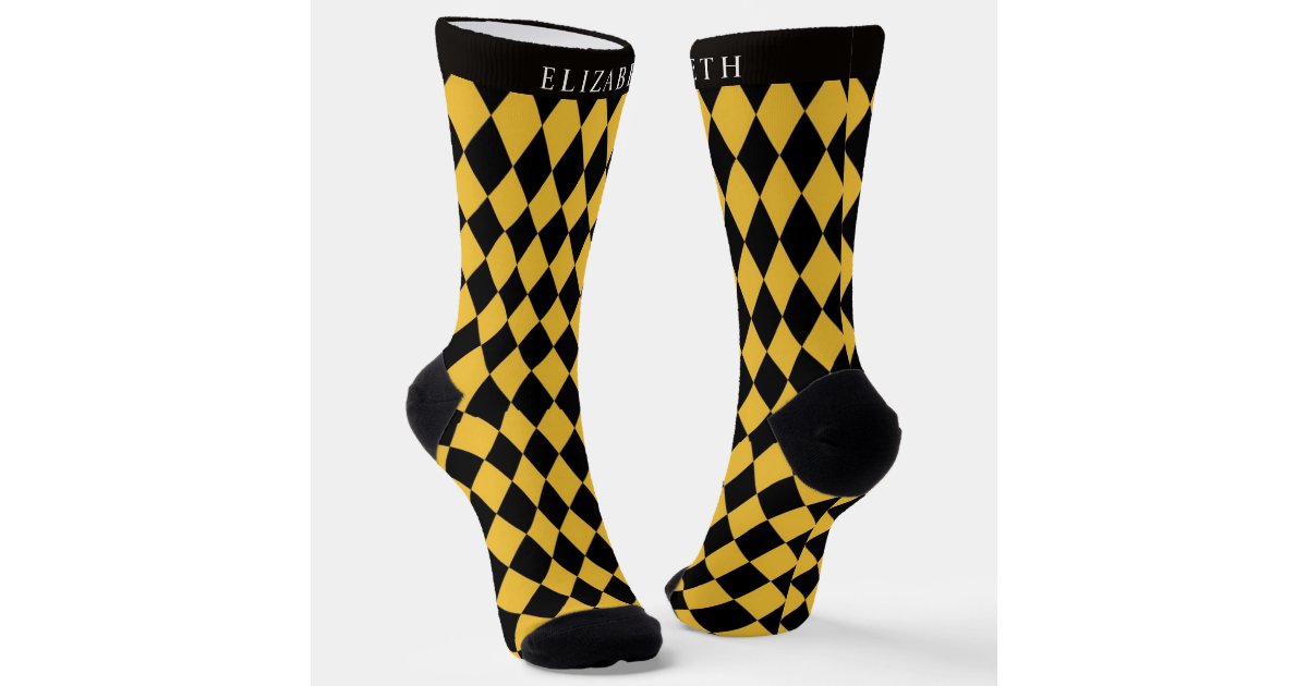Custom Light Yellow Black Argyle Pattern Socks | Zazzle