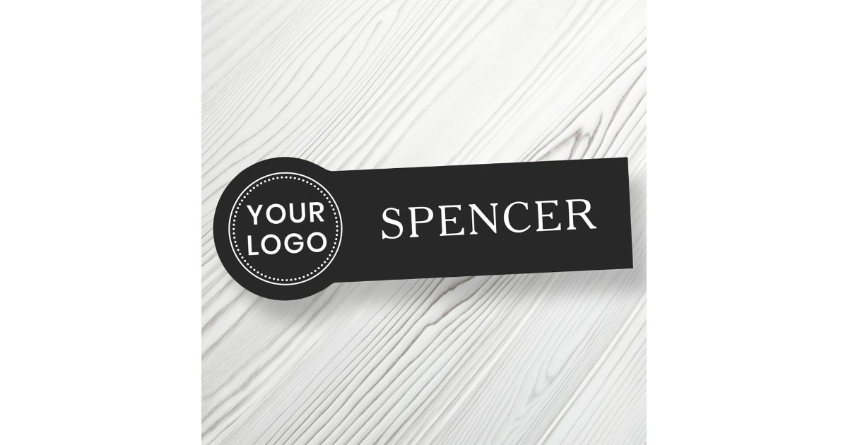 Custom logo and name business employee black name tag | Zazzle