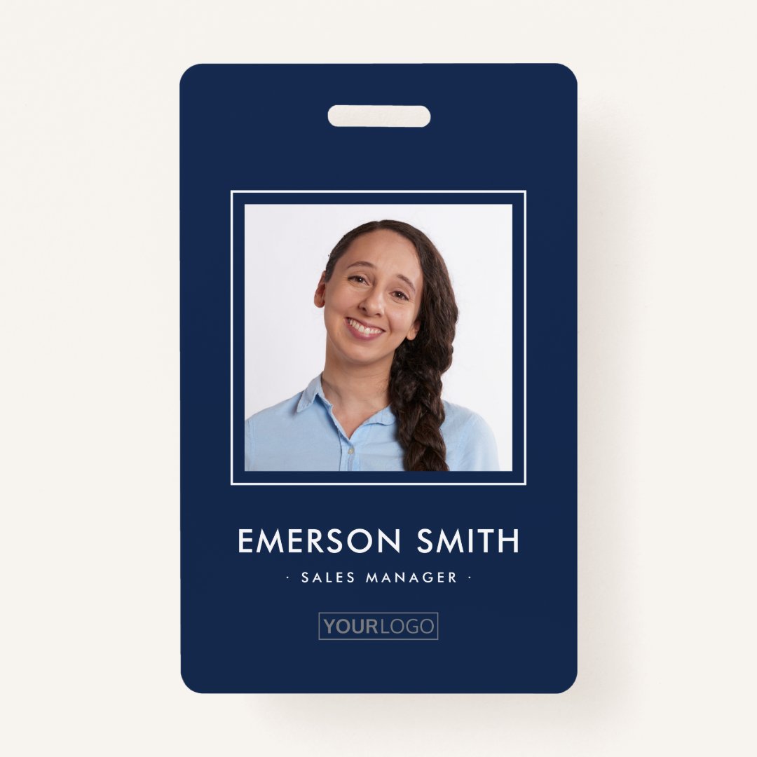 Custom logo and photo dark blue employee name id badge | Zazzle