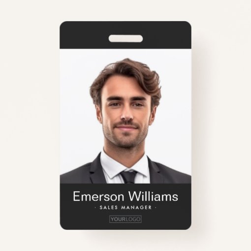 Custom logo and photo dark gray employee name id badge | Zazzle