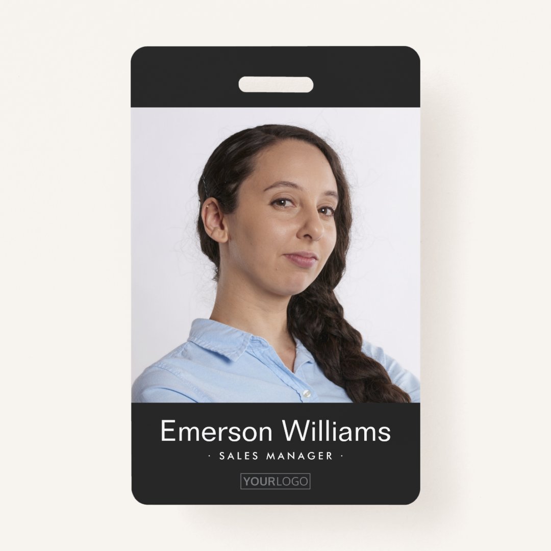 Custom logo and photo dark gray employee name id badge | Zazzle