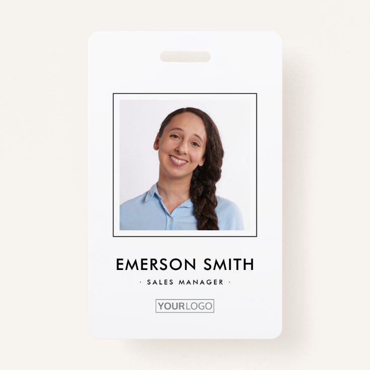 Custom logo and photo white employee name title id badge | Zazzle