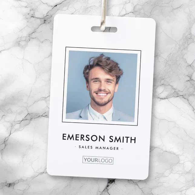 Custom logo and photo white employee name title id badge | Zazzle