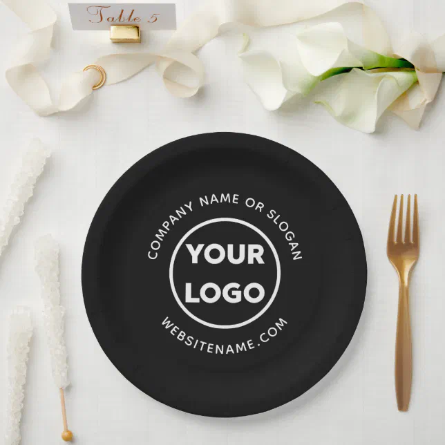 Custom Logo and Text Black Business Event Paper Plates | Zazzle