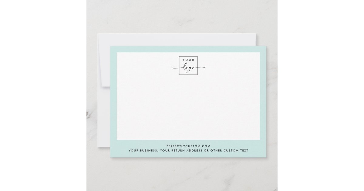 Custom logo and text light aqua blue border modern note card | Zazzle