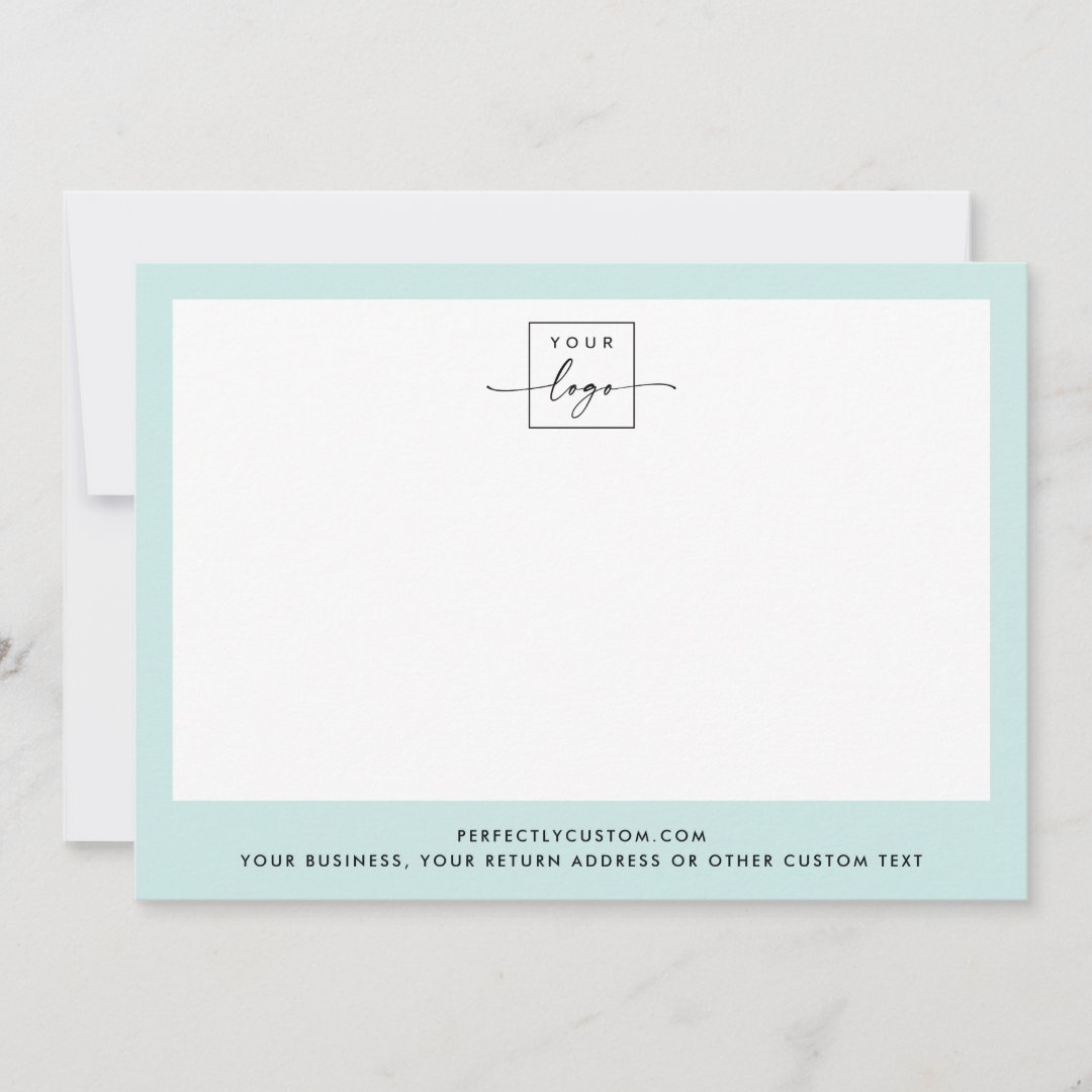 Custom logo and text light aqua blue border modern note card | Zazzle