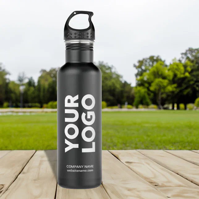 Custom Logo and Text on Black Stainless Steel Water Bottle | Zazzle