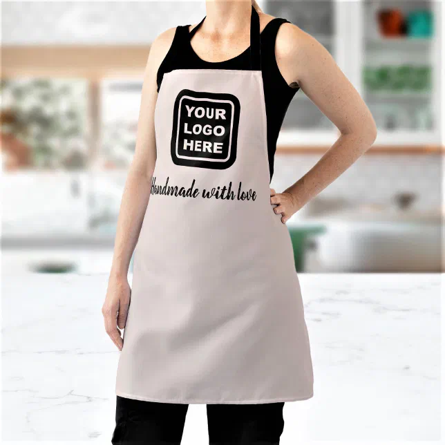 Custom Logo and Text Personalized Beige Black Apron | Zazzle