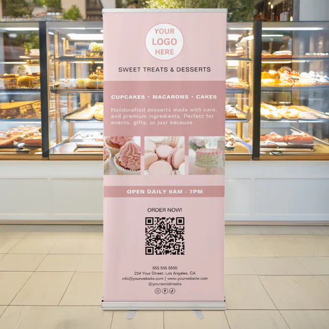 Custom Logo Bakery Business Pink Retractable Banner | Zazzle