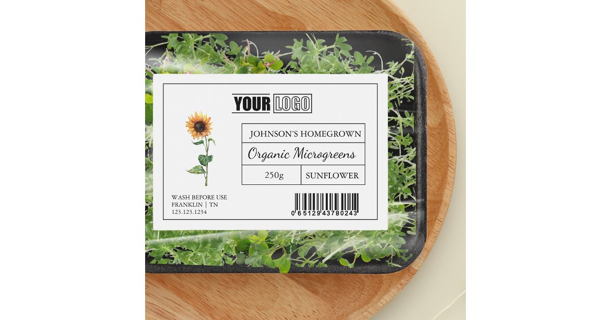 Custom Logo & Barcode Sunflower Microgreens Food Label | Zazzle