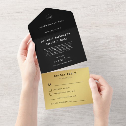 Custom Logo Black Gold Business Event Party RSVP All In One Invitation ...