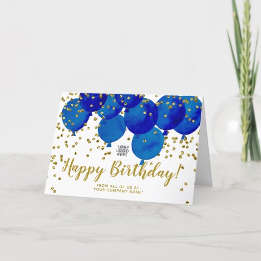 Custom Logo Blue Balloons Gold Confetti Birthday Card | Zazzle
