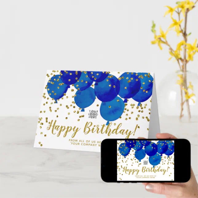 Custom Logo Blue Balloons Gold Confetti Birthday Card | Zazzle