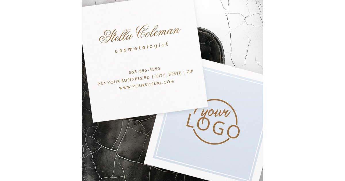 Custom logo border minimalist light dusty blue square business card ...