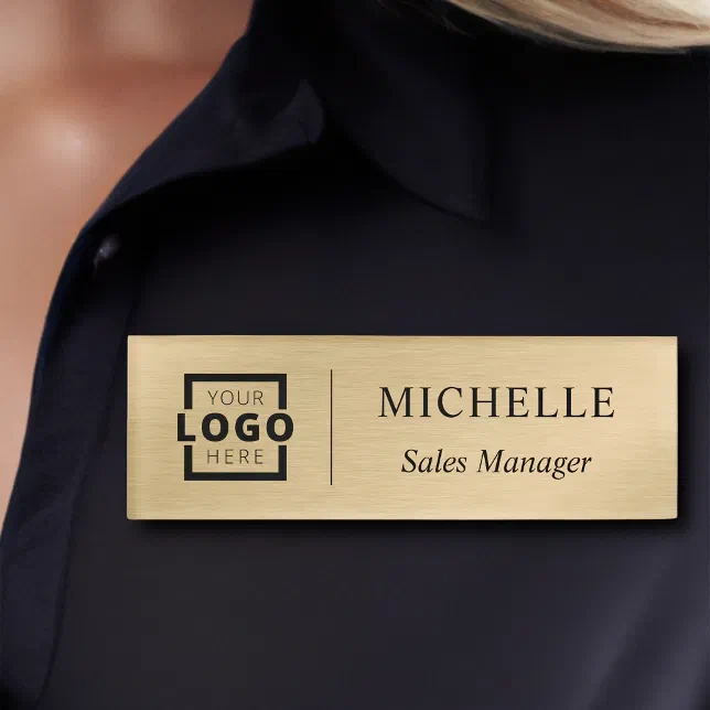 Custom Logo Business Employee Staff Brushed Gold Name Tag | Zazzle