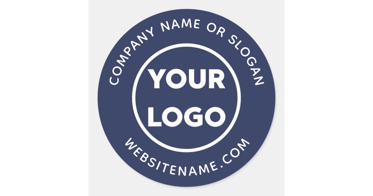 Custom Logo Business Website and Slogan Navy Blue Classic Round Sticker ...