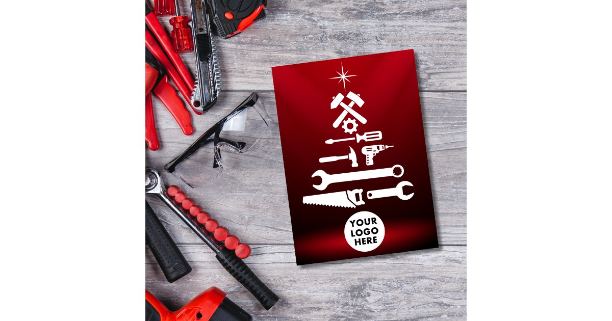Custom Logo Contractor Christmas Tree Tools Holiday Card | Zazzle