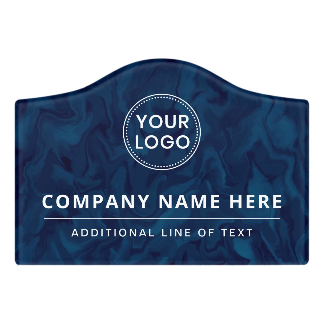 Custom logo dark blue marbled background business door sign | Zazzle
