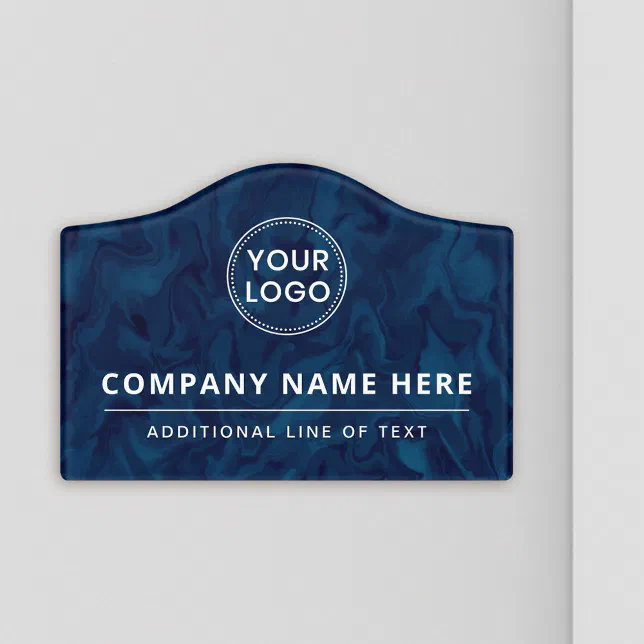 Custom logo dark blue marbled background business door sign | Zazzle