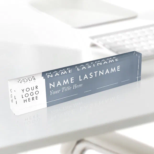 Custom Logo Dusty Blue White Desk Name Plate | Zazzle