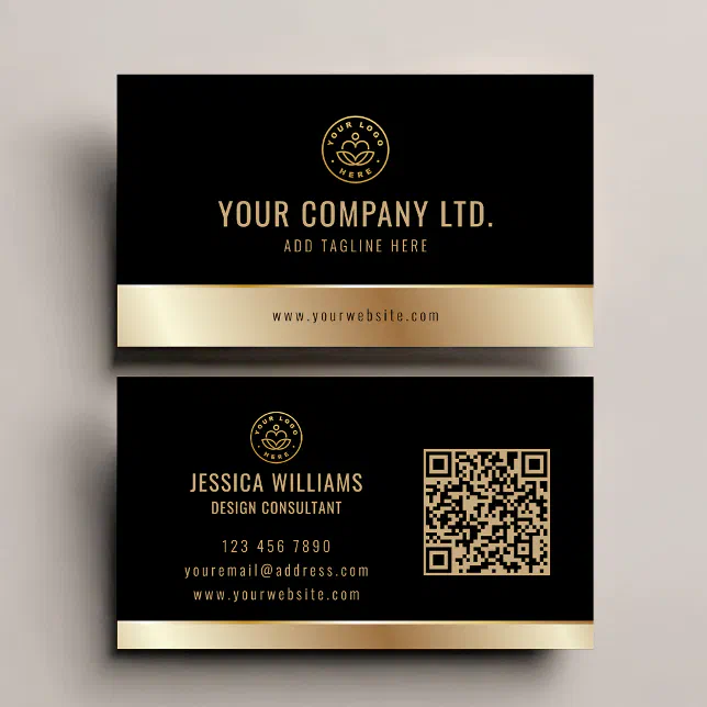 Custom Logo Elegant Black Gold QR Code Business Card | Zazzle