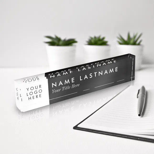 Custom Logo Elegant Minimalist Black White Acrylic Desk Name Plate | Zazzle