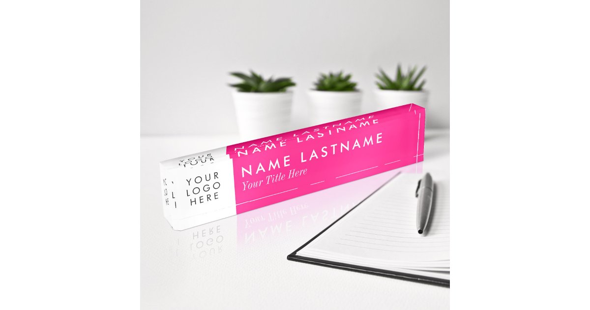 Custom Logo Elegant Minimalist Bright Pink Acrylic Desk Name Plate | Zazzle