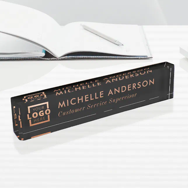 Custom Logo Elegant Modern Minimalist Copper Black Desk Name Plate | Zazzle