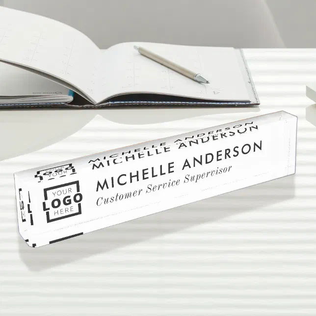 Custom Logo Elegant Modern Minimalist White Desk Name Plate | Zazzle