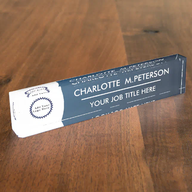 Custom Logo Elegant Navy Blue Desk Name Plate | Zazzle