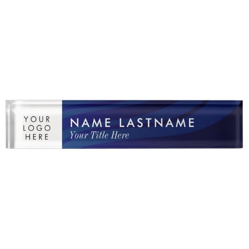 Custom Logo Elegant Navy Blue Waves White Desk Name Plate | Zazzle