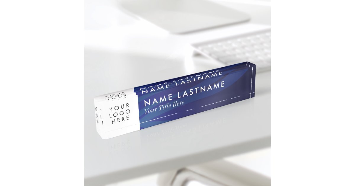 Custom Logo Elegant Navy Blue Waves White Desk Name Plate | Zazzle
